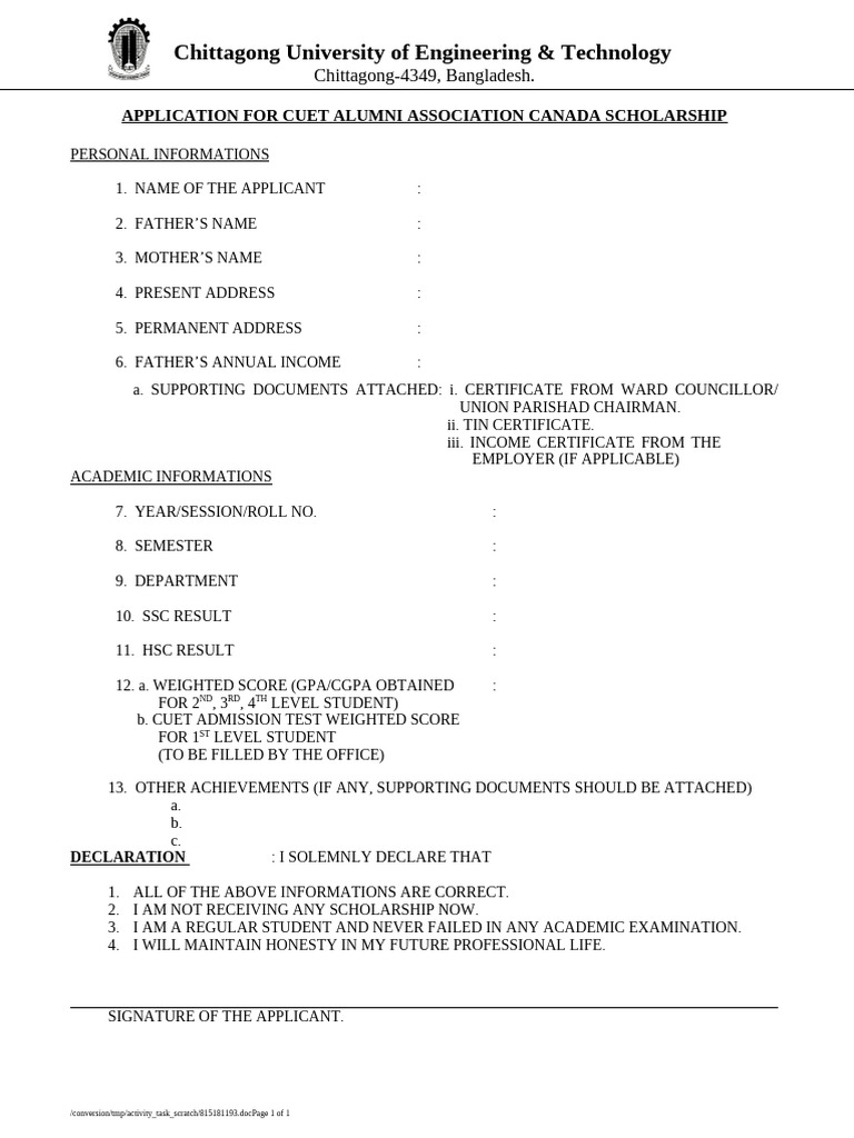 CUET Alumni Canada Scholarship Form | PDF