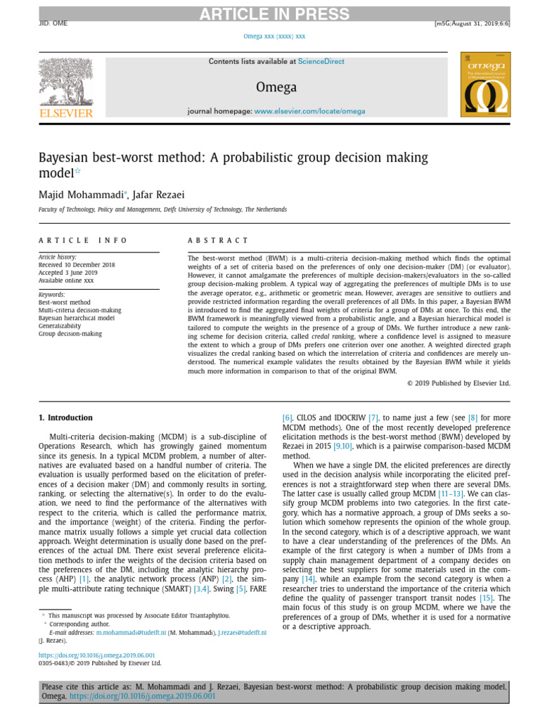 Bayesian Best-Worst Method A Probabilistic Group Decision Making Model | PDF | Statistical ...