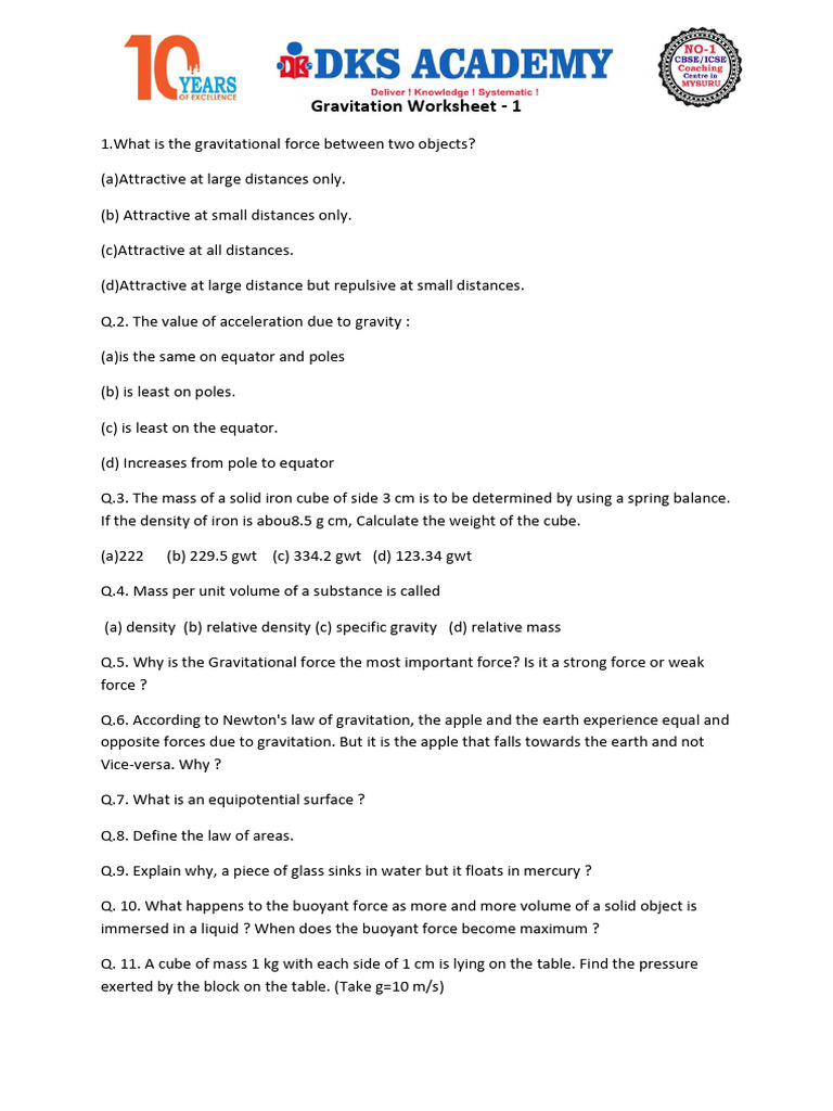 Worksheet 1 Gravitation | PDF | Buoyancy | Force