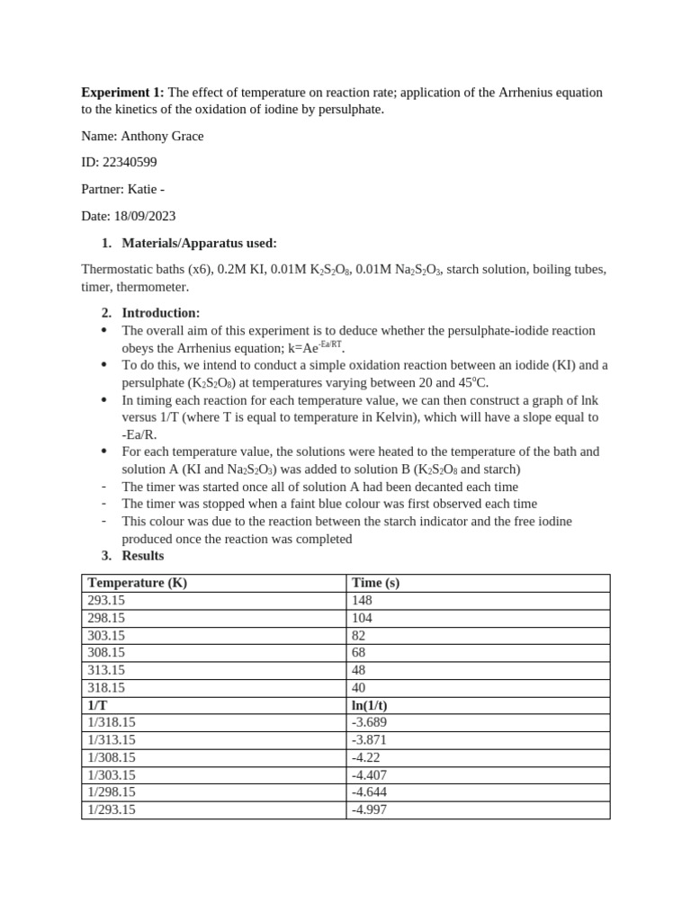 CH4003 Lab Report 1, Effect of Temp On RXN Rate (Final) | PDF ...
