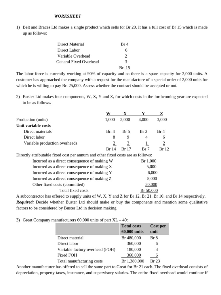 Worksheet: W X Y Z Unit Variable Costs | PDF | Business Economics ...