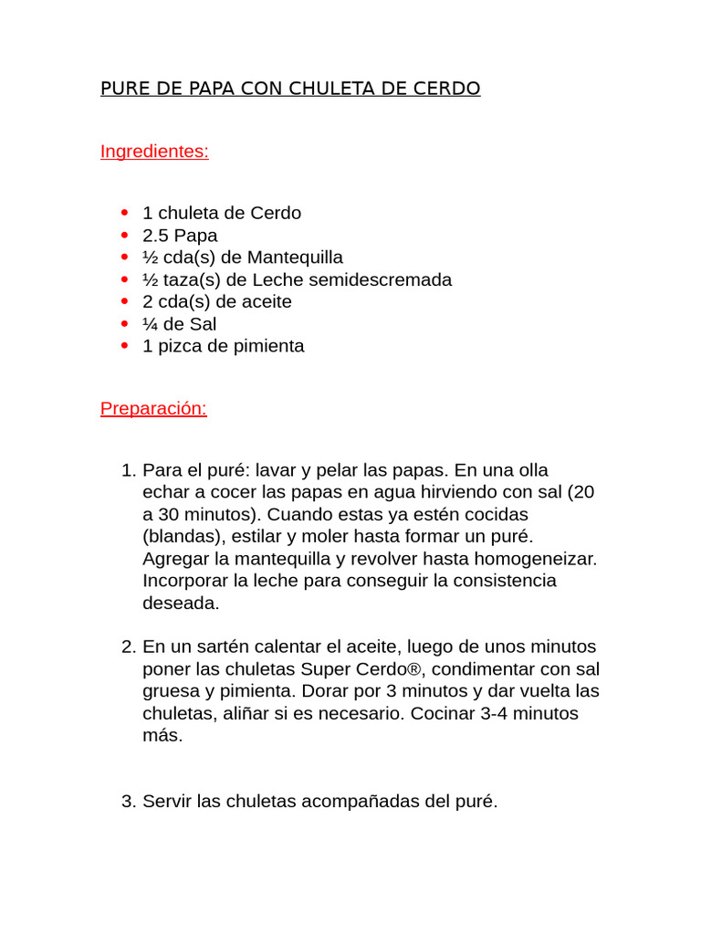 Pure de Papa Con Chuleta de Cerdo | PDF | Cocina, comidas y vino