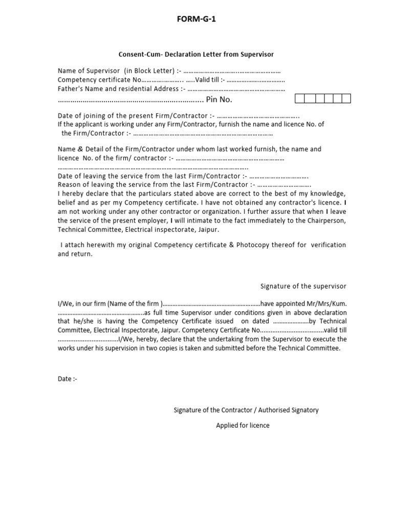 Form G Declaration Letter From Supervisor or Wiremen | PDF | Technology ...