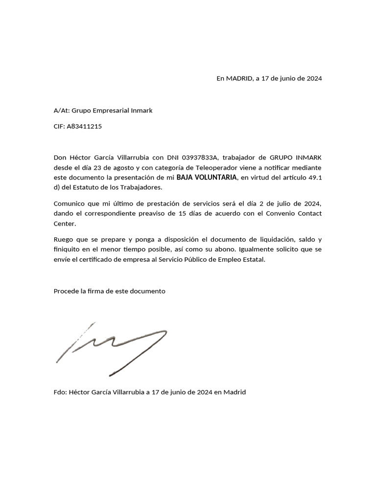 Modelo Baja Voluntaria Con Preaviso | PDF | Finanzas y dinero