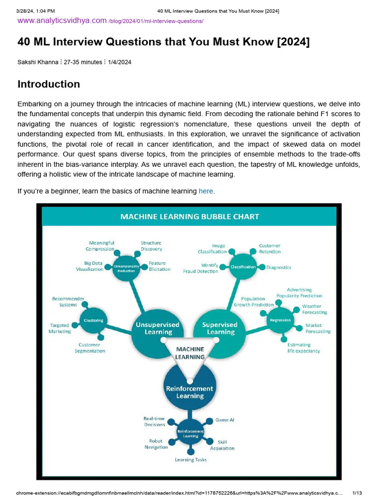 40 ML Interview Questions That You Must Know (2024) - Reader View | PDF ...