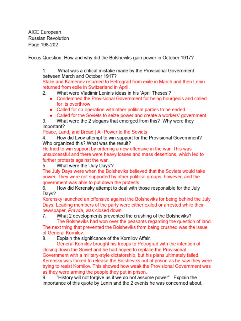 Russian Rev Question - Notes Pt6 (p198-202) | PDF | Bolsheviks ...
