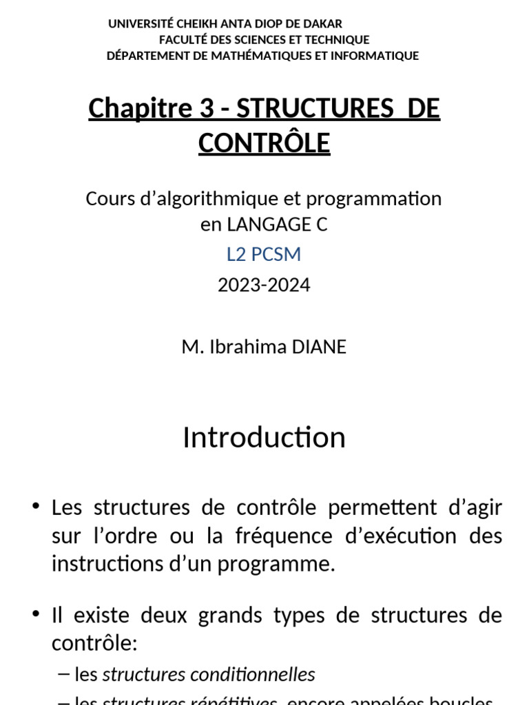 Chapitre 3 - Structures de Contrôle - 2024-Pc2 | PDF | Structure de contrôle | Informatique