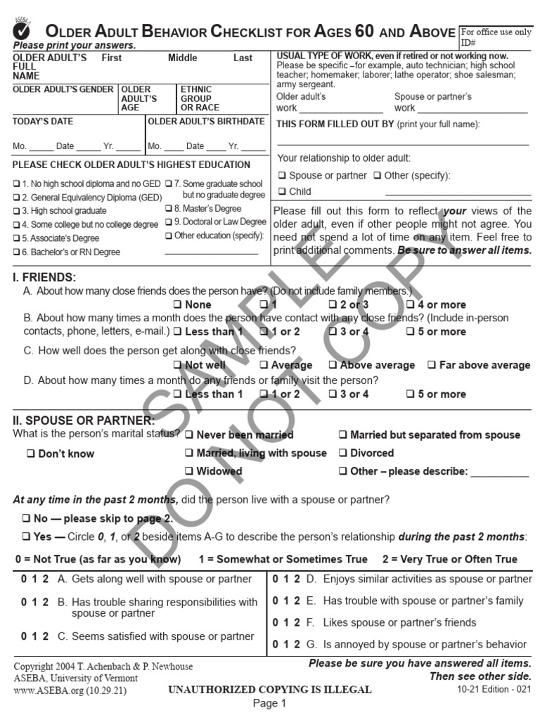 ASEBA - Older Adult Behavior Checklist | PDF | Pain