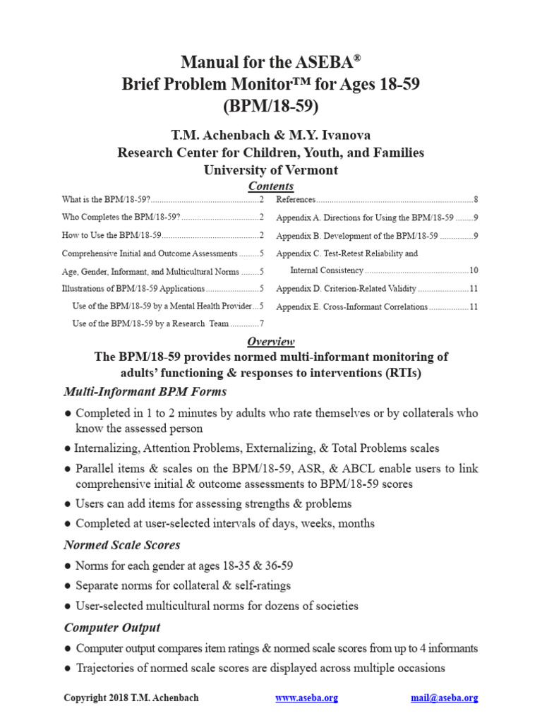 ASEBA - Adult BPM Manual | PDF | Major Depressive Disorder | Cognitive Behavioral Therapy