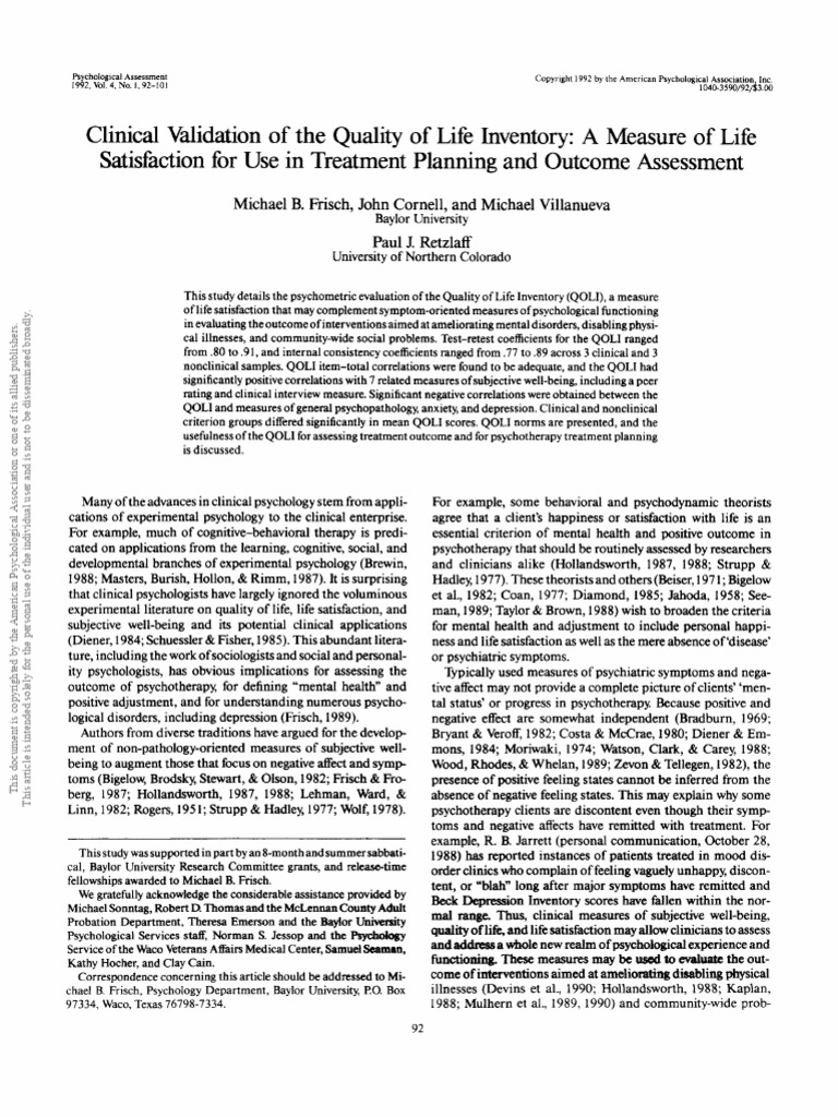 Validating Quality of Life Inventory | PDF | Psychology | Psychiatry