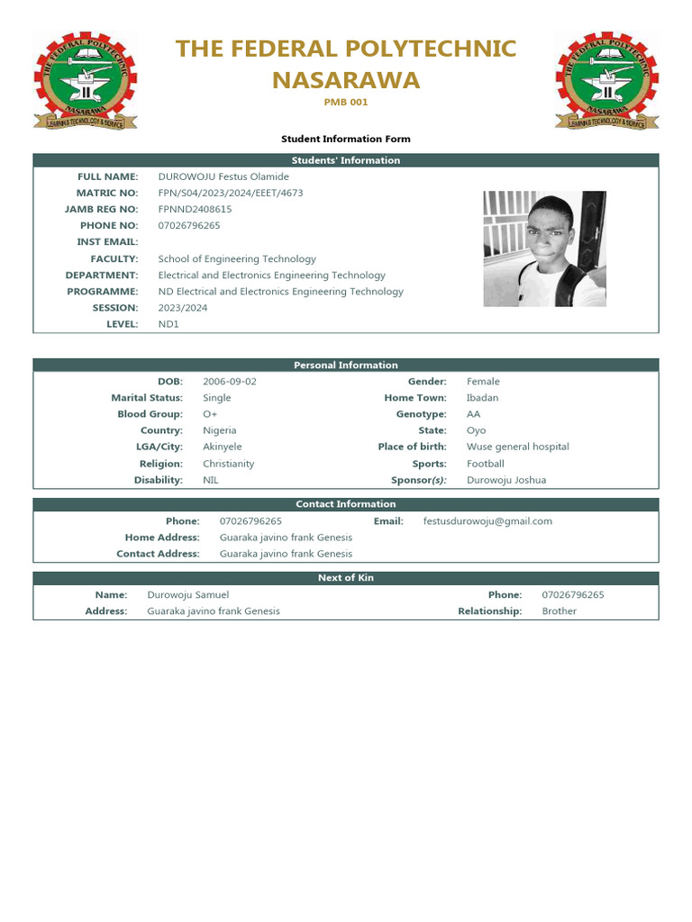 The Federal Polytechnic Nasarawa: Student Information Form | PDF ...