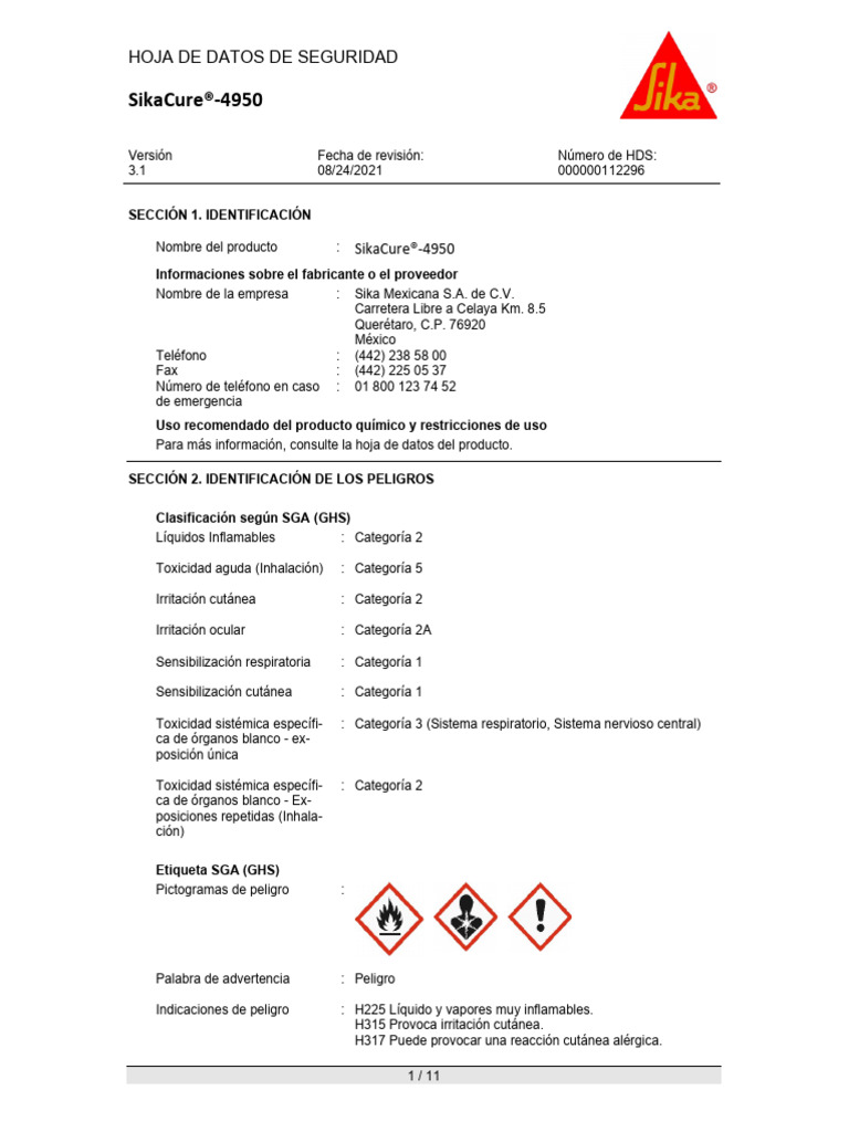 Hoja de Seguridad SikaCure®-4950 | PDF | Alergia | Sustancias químicas