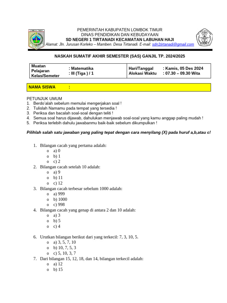 Soal SAS Ganjil Matematika Kls 3 2024 | PDF