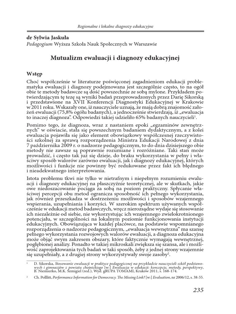 Mutualizm Ewaluacji I Diagnozy Edukacyjnej | PDF