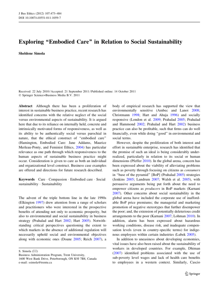 Simola 2012_JBE_embodied ties in social sustainability | PDF | Experience | Empathy