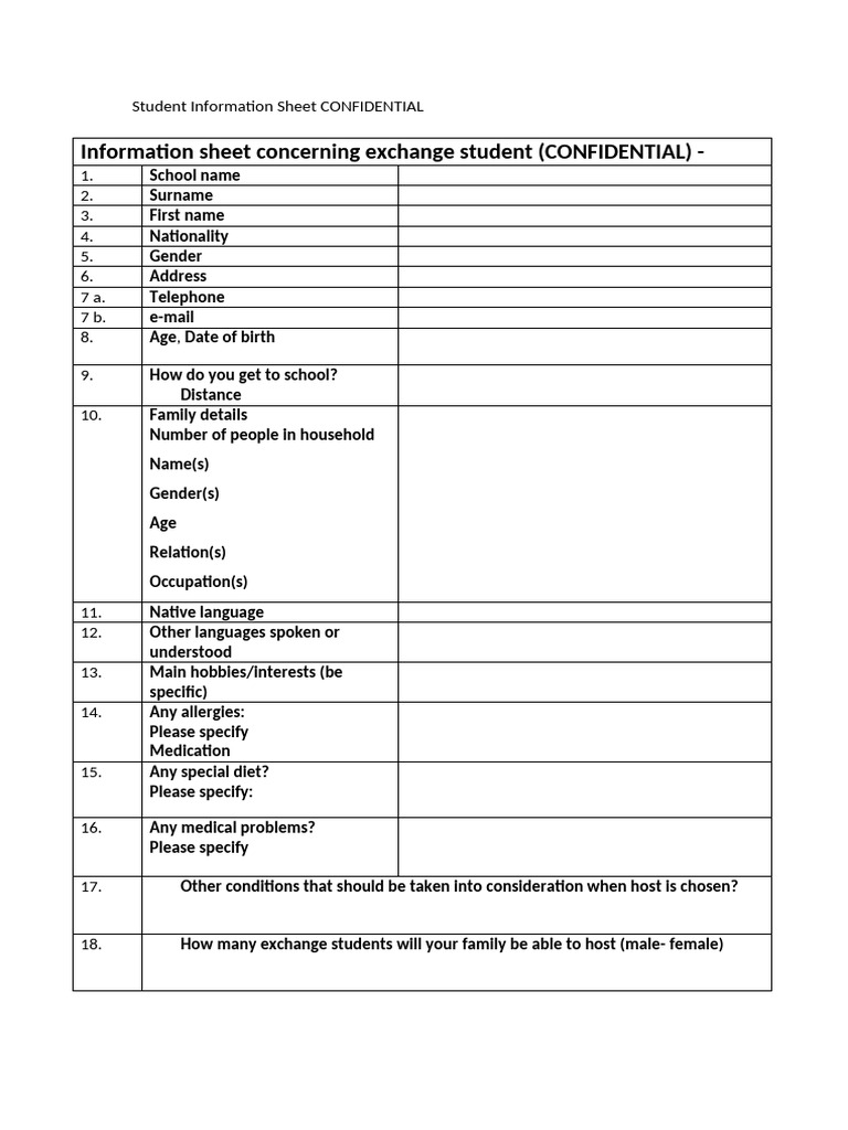 Exchange Student Info Sheet | PDF