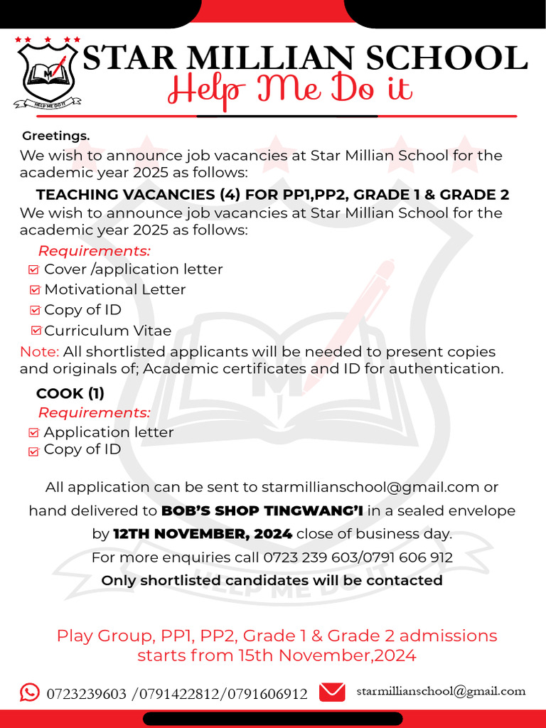 Teaching Vacancies at Star Millian School | PDF