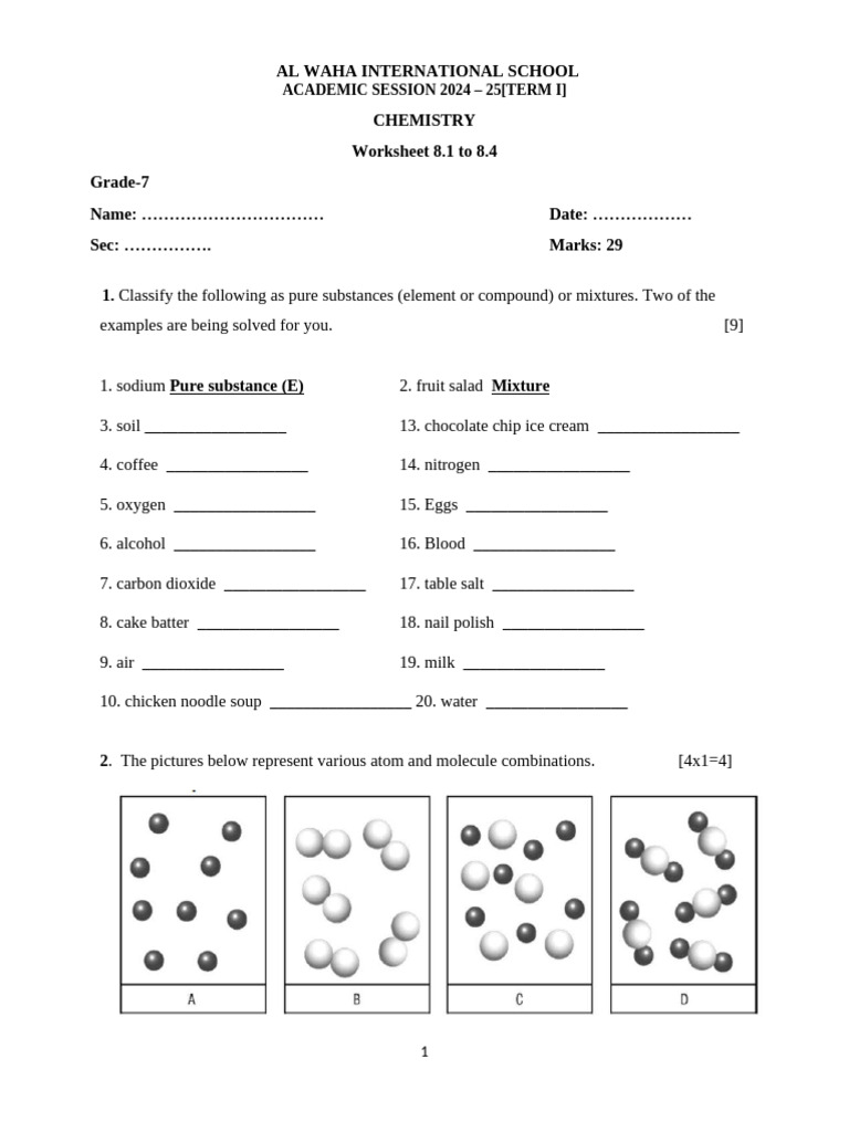 Grade 7 Worksheet 8.1 To 8.4 | PDF | Chemical Substances | Water