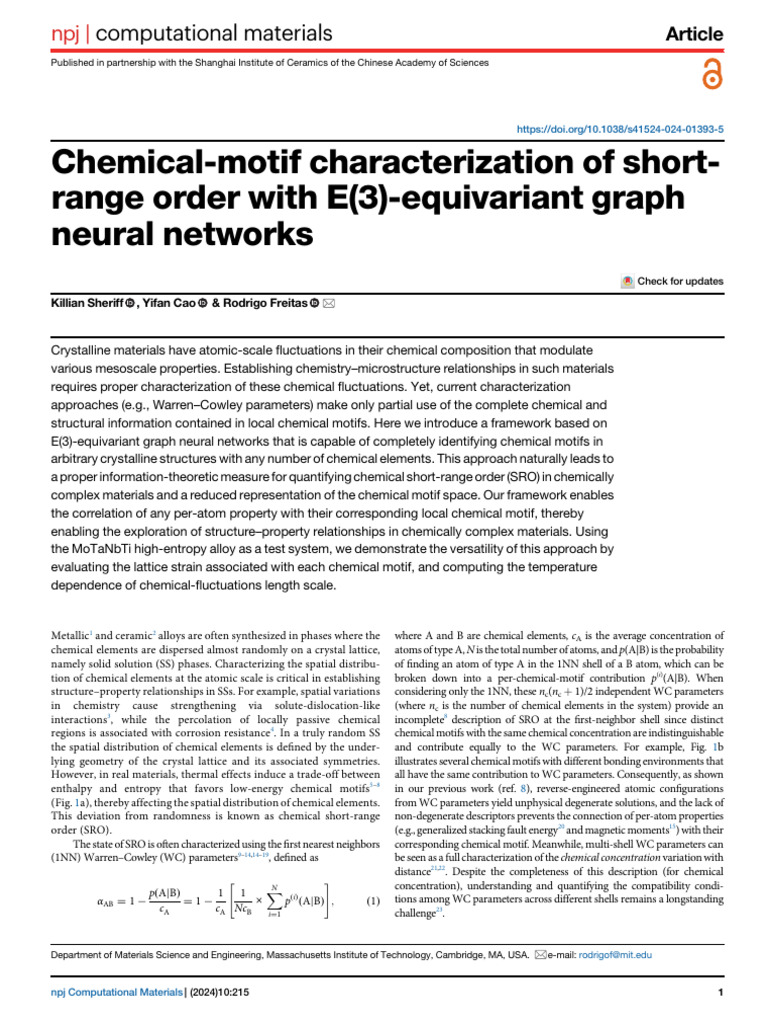 Chemical Motif Characterization of Short Range Order With e 3 Equivariant Graph Neural Networks ...