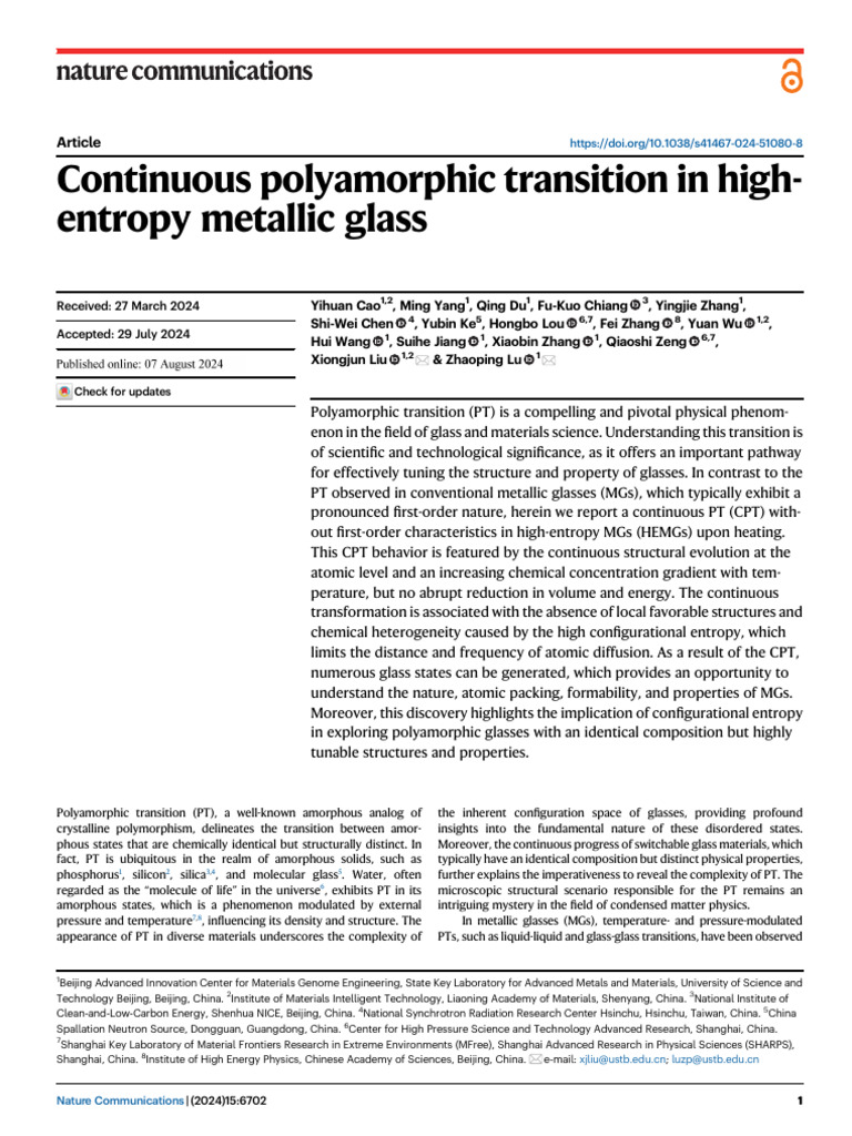 Continuous Polyamorphic Transition in Highentropy Metallic Glass | PDF ...