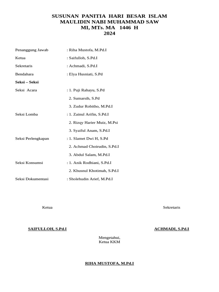 Susunan Panitia Hari Besar Islam KKM | PDF