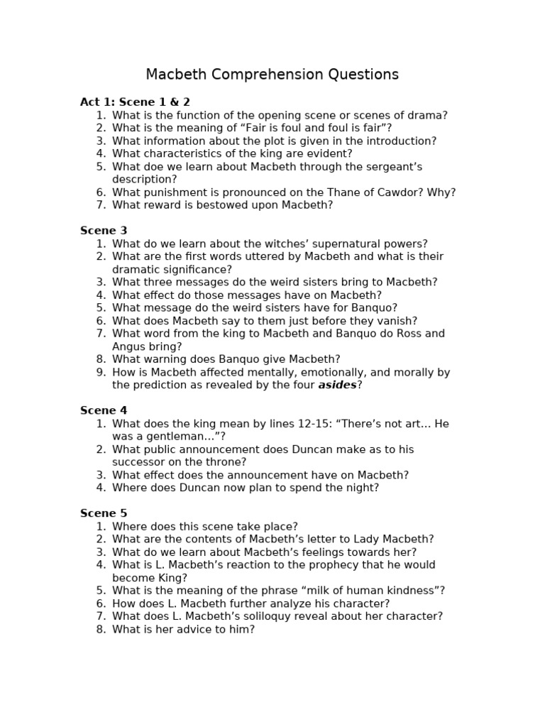 Macbeth Comprehension Questions | PDF | Macbeth | Shakespearean Tragedies