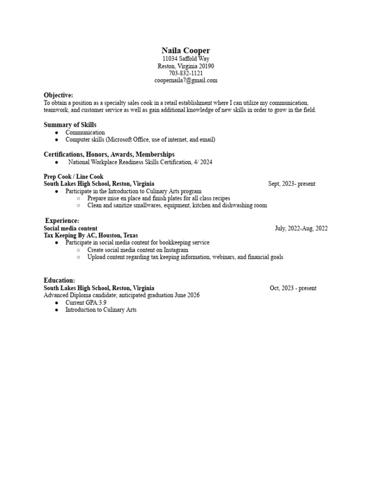 Intro To Culinary Resume Template | PDF