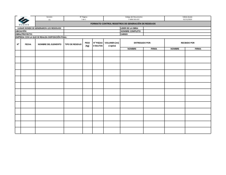 F-MM-SIG-037-FORMATO CONTROL GENERACION DE RESID GUAMA | PDF