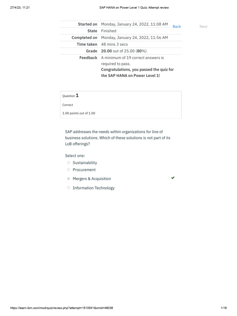 SAP HANA on Power Level 1 Quiz Review | PDF | Data Management | Computing