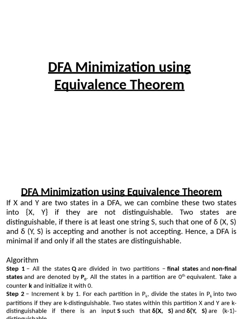 Class 17 Dfa Minimization Using Equivalence Theorem Pdf Algorithms Theory Of Computation
