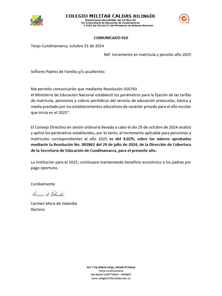 1915 1730921404 Comunicado 010 Costos Educativos 2025 | PDF