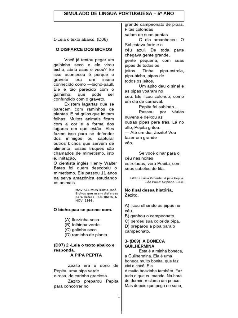 I Simulado de Lingua Portuguesa 5º - Aluno | PDF | Mimetismo
