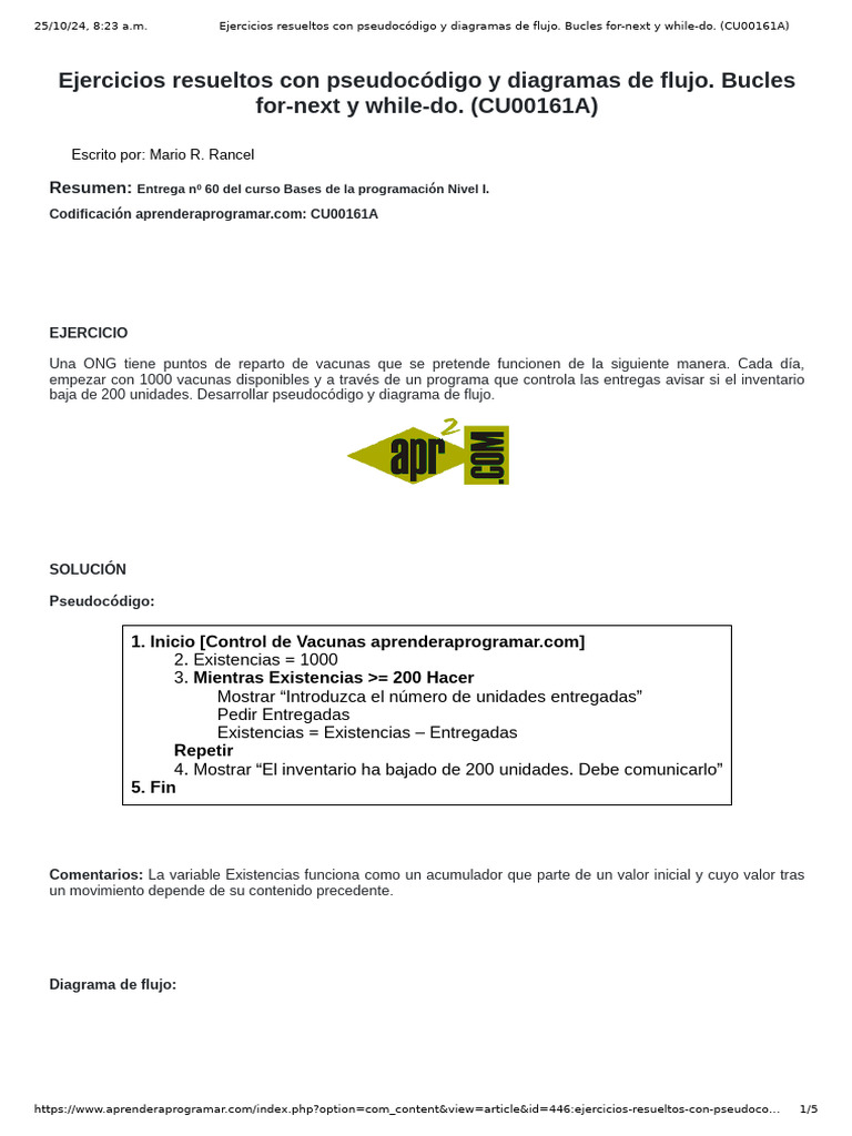 Ejercicios Resueltos Con Pseudocódigo y Diagramas de Flujo. Bucles For ...