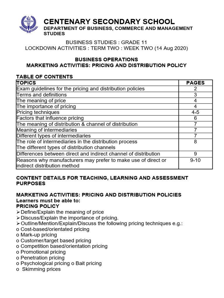 Grade 11 Business Studies Guide | PDF | Pricing | Prices