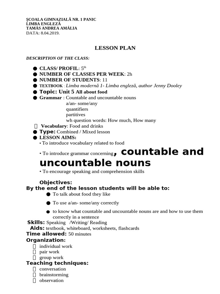 Countable and Uncountable Nouns Lesson Plan | PDF | Noun | Reading ...