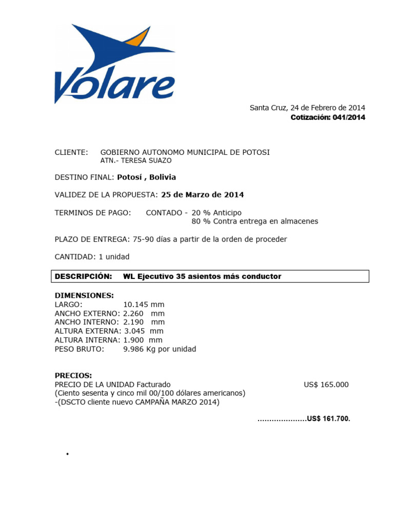 041 - 14 Volare WL Ejecutivo Alcaldia Potosi MVM | PDF | Vehículos | Tecnología de vehículos