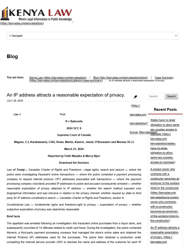 An IP Address Attracts A Reasonable Expectation of Privacy. - Kenya Law | PDF | Search And ...