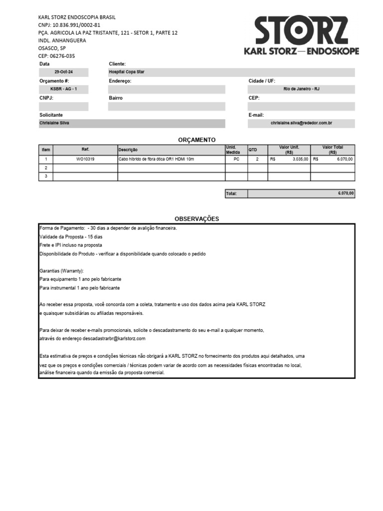 Orçamento Hospital Copa Star | PDF