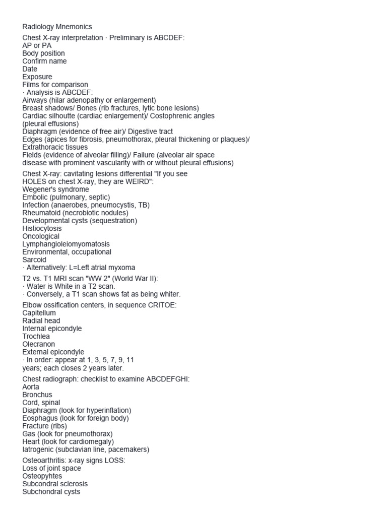 radiology mnemonic | PDF | Thorax | Diseases And Disorders