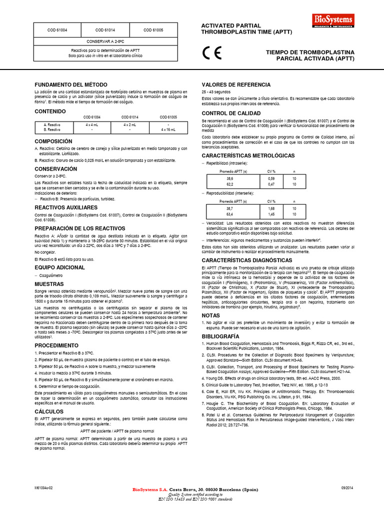 Guía de Reactivos para APTT | PDF | Sangre | Vertebrados