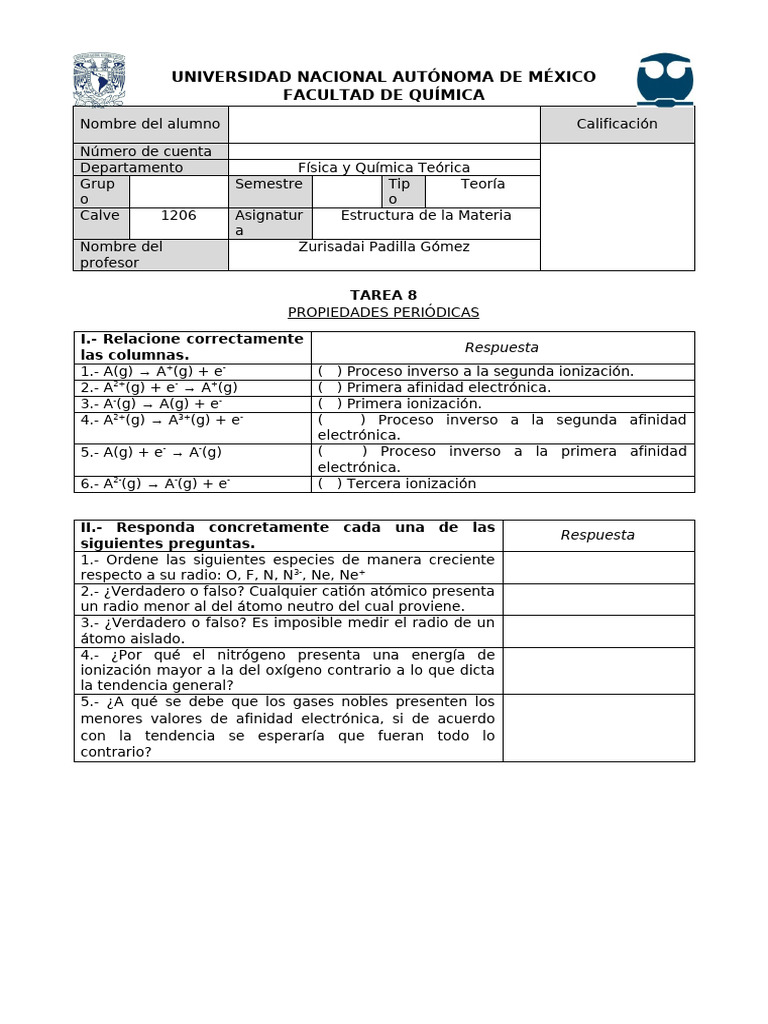EM - Tarea 8. Propiedades Periódicas. | PDF