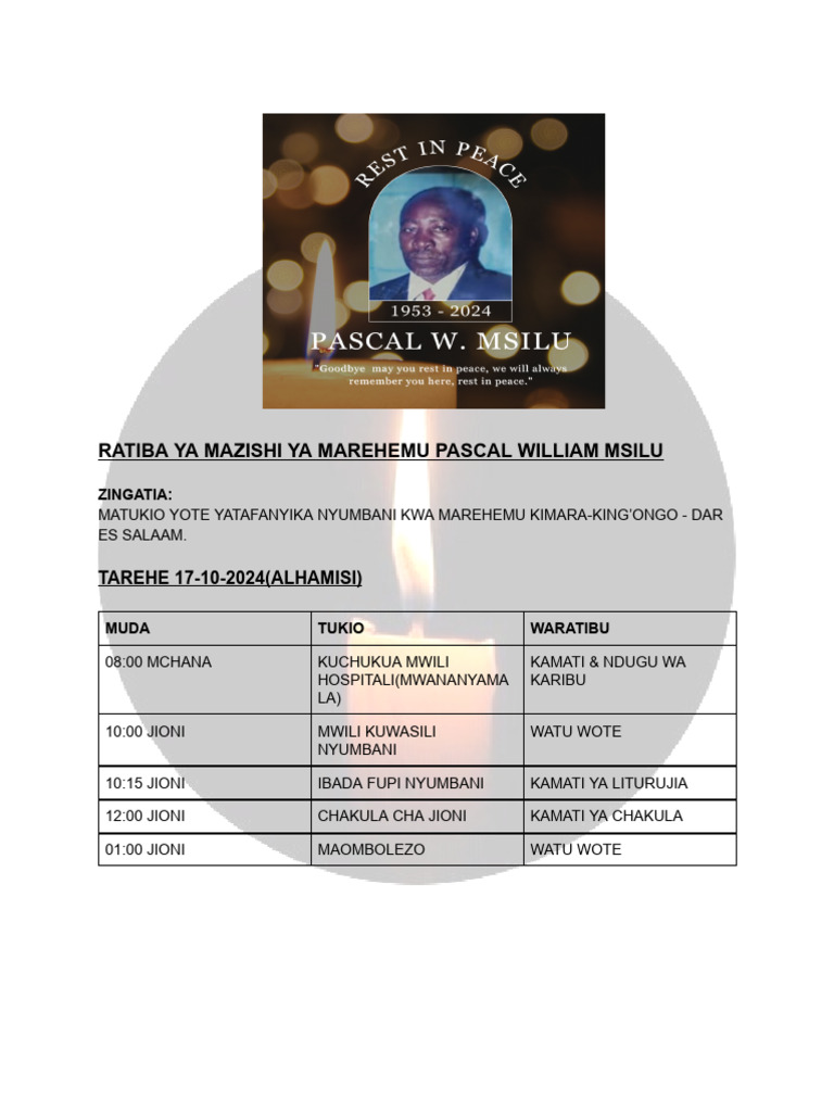 Ratiba Ya Mazishi Pascal Msilu | PDF