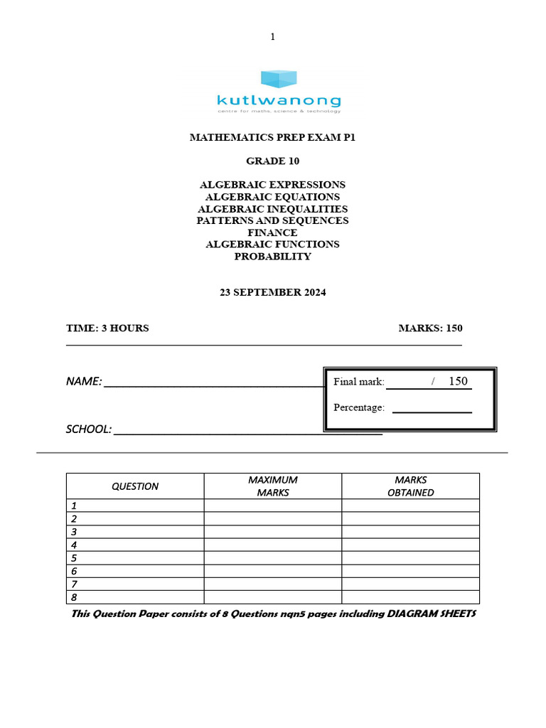 GR 10 Maths Assessment 6 (23 Sept 2024) | PDF | Numbers | Rational Number