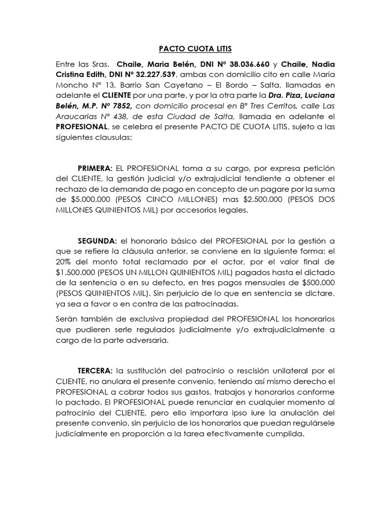 Pacto Cuota Litis | PDF | Finanzas y dinero | Derecho