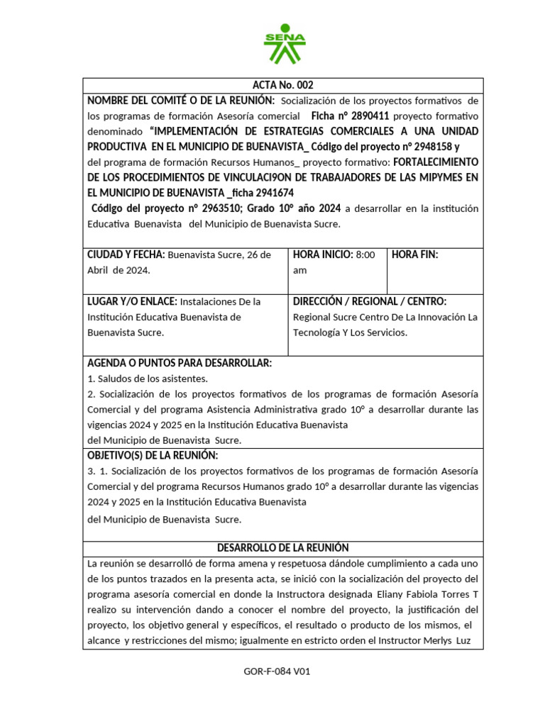 Acta #002 Socialización Del Proyecto Formativo IE Buenavista 2024 | PDF