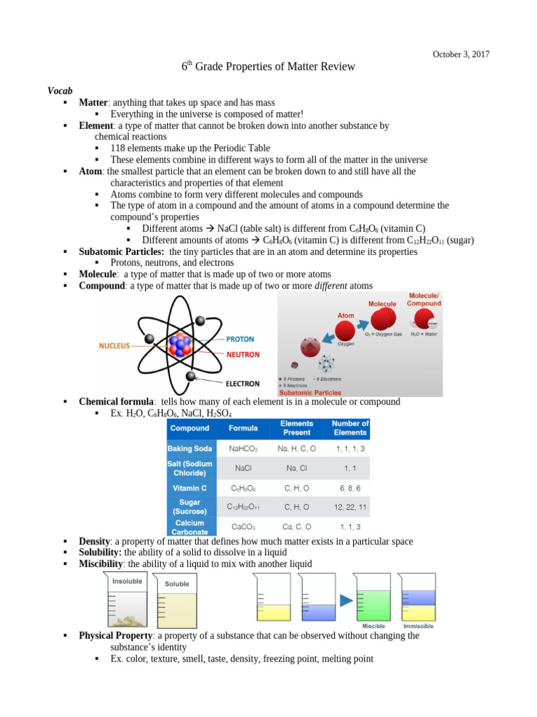 6th Grade Properties of Matter Review | PDF | Matter | Chemical Substances