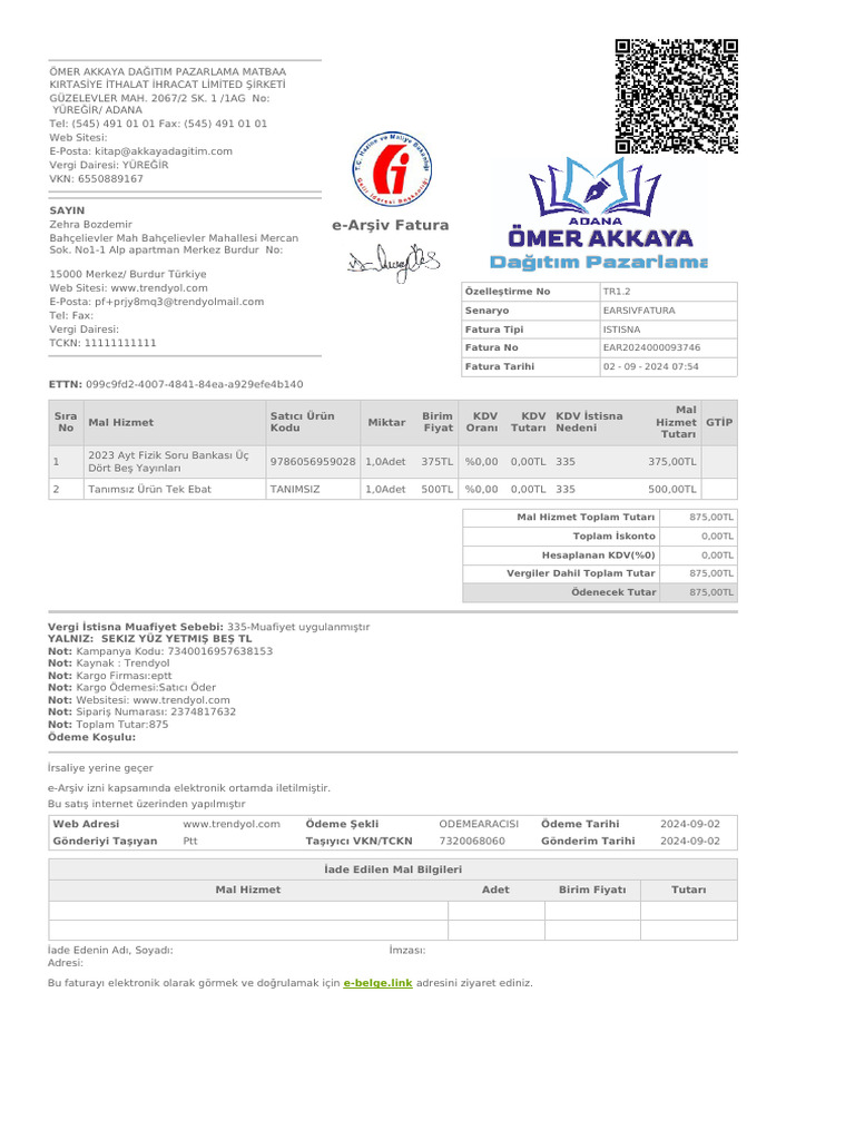 E-Arşiv Fatura: Özelleştirme No Senaryo Fatura Tipi Fatura No Fatura Tarihi | PDF