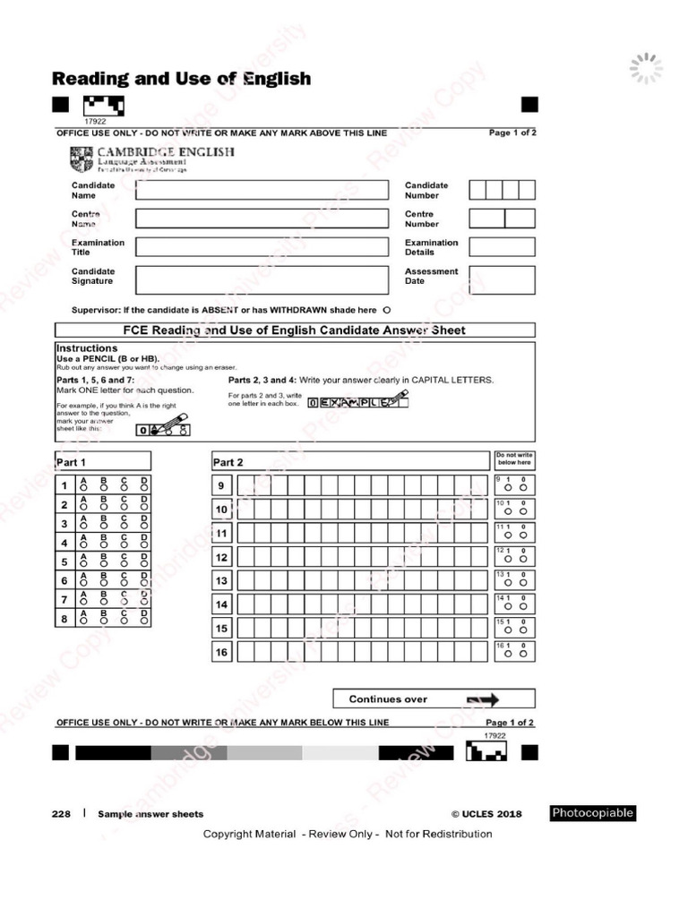 Answer Sheets - Reading and Listening | PDF