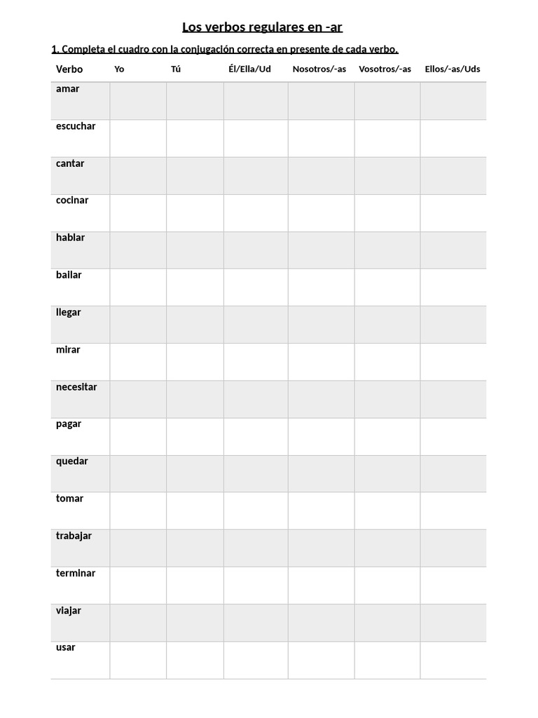 Los Verbos Regulares en - Ar | PDF | Artes del Lenguaje y Comunicación