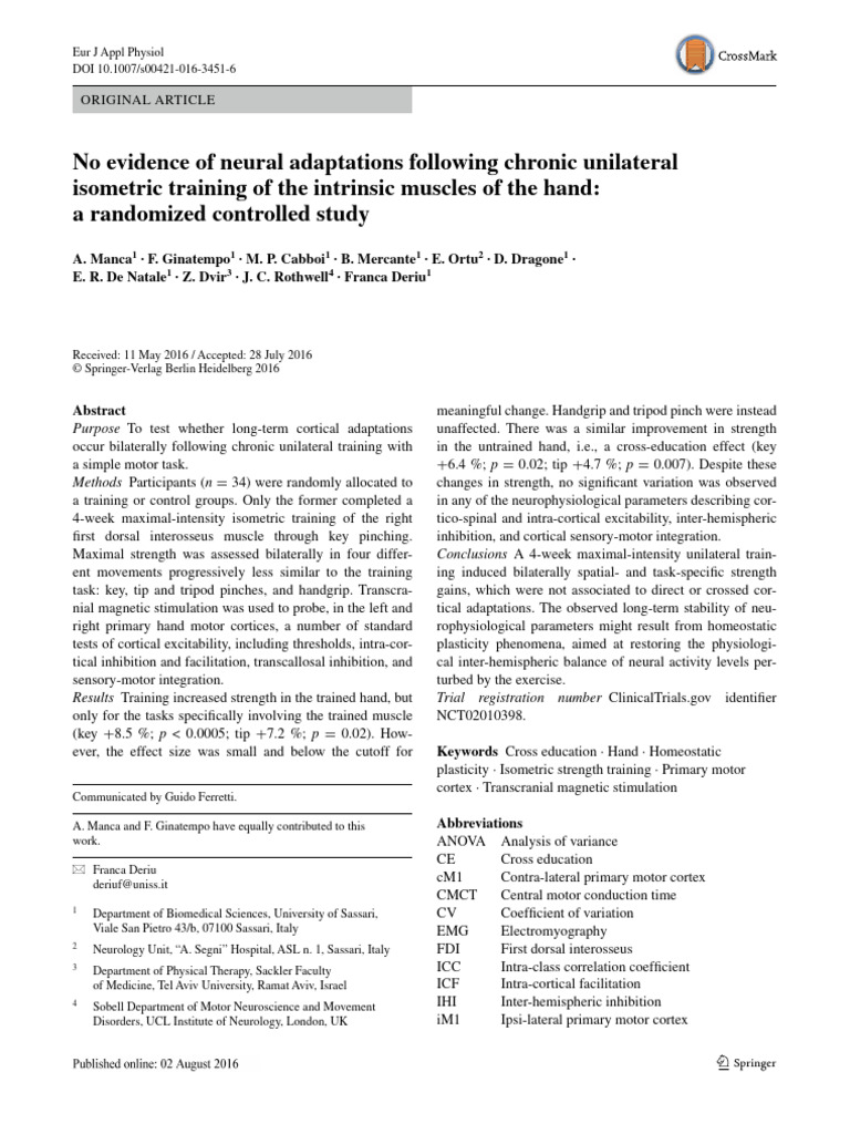 2016 Manca A Et Al - No Evidence of Neural Adaptations Following Chronic Unilateral Isometric ...